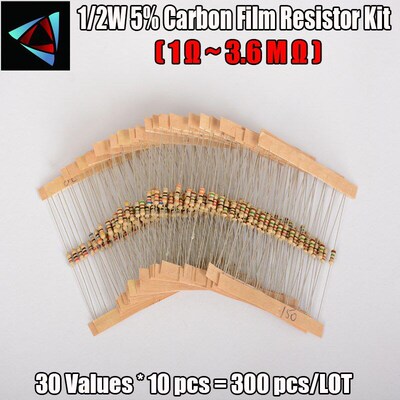 300pcs 30value 1-3.6Mohm 1/2W 5% Carbon Film Metal Resistors