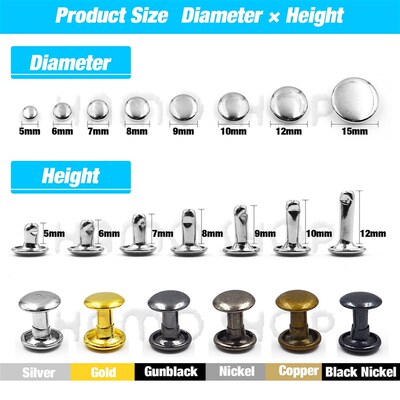 100Sets 5-15mm Metal Double Cap Rivets Stud Round Nail Rivet
