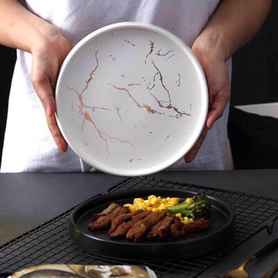 Marble Ceramic Plate Black Striped Round Steak Dinner Plates