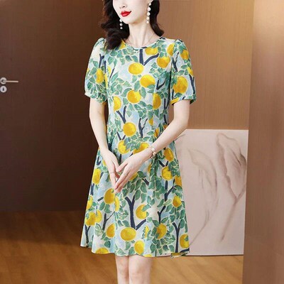 2023 New Fashion Silk Printed Dress Womens Summer Floral Ro