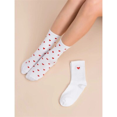 2 Pairs Women Middle Stockings Set Red Heart Pattern in Whit