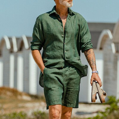 2025 Mens Line Lapel Long Sleeve Green Shirt Shorts Two-pie