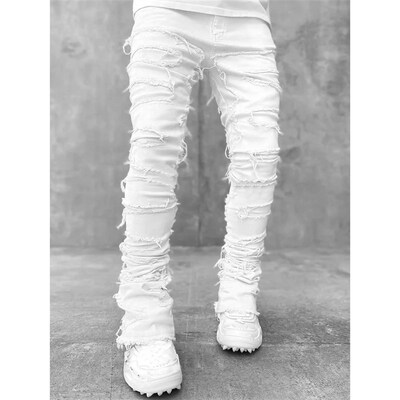 Mens Regular Fit Stacked Jeans Ripped Slim Fit Patch