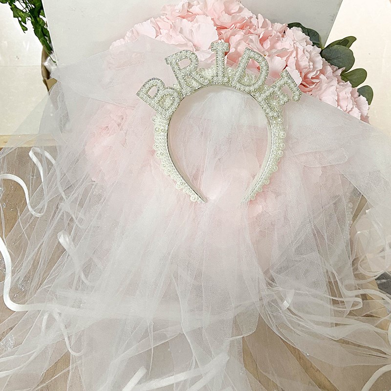 Bride to be Pearl crown tiara veil Bach Bachelorette hen Par