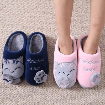 Women Winter Warm Slippers Cartoon Cat Shoes Furry Plush Sli