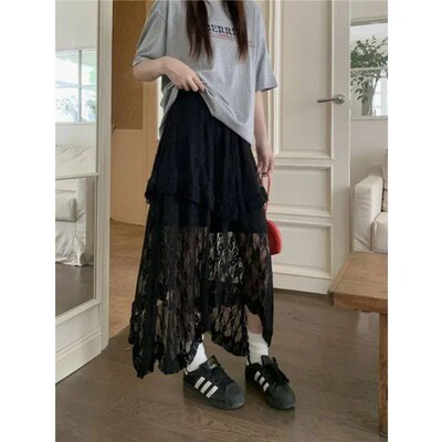 Deeptwon White Lace Asymmetrical Skirt Women Fairycore Sweet