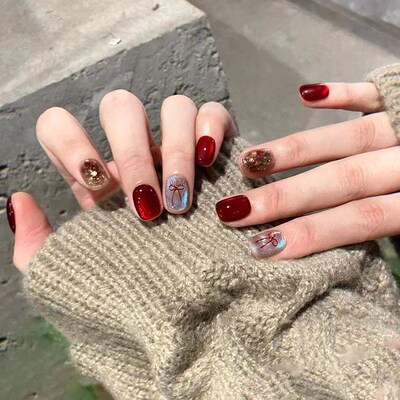 24pcs Detachable Short Press on Nails Y2k rhinestone False N