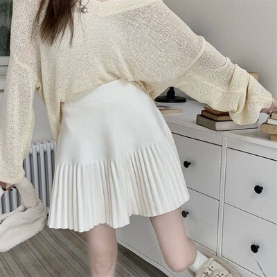 2025 Wool Skirt Jk llege Style Knitted Pleated Skirt High Wa
