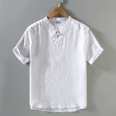 Short-sleeved Linen Shirt Mens Casual Loose Pullover Thin B