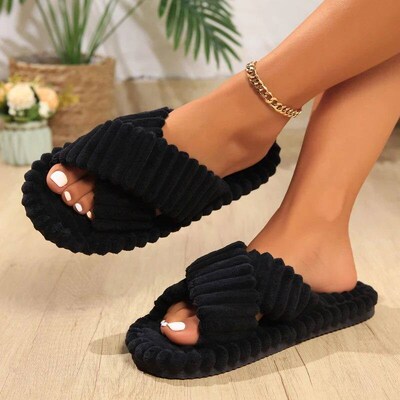 Women Corduroy Cross Strap Home Slippers Men Soft Warm Flat