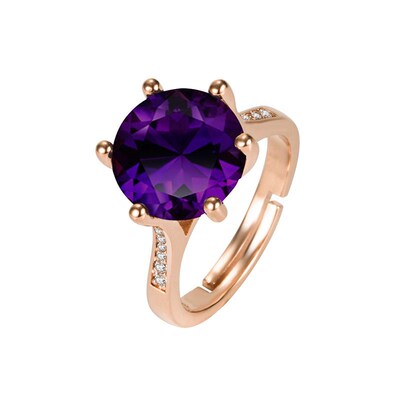 Round diamond amethyst open ring female six-claw diamond pur