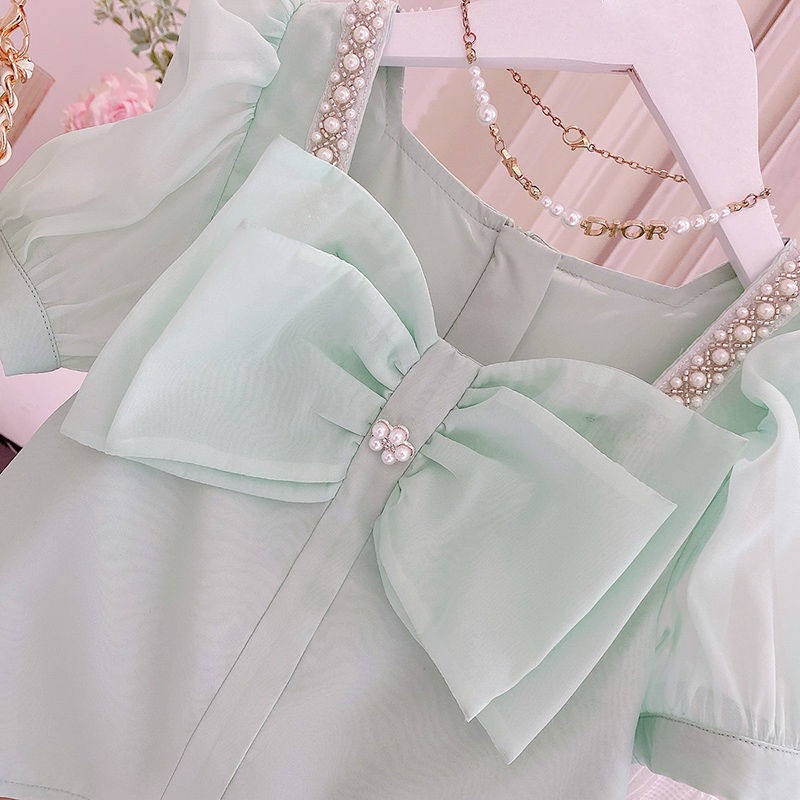 Girls Suit Summer New Short-sleeved Bow Western Style Top P