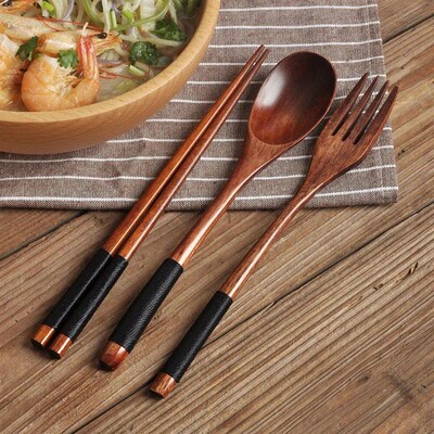 3 Pieces Tableware Natural Wood Dinnerware Spoon Chopsticks