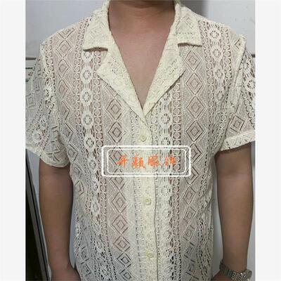 Men Lace Short Sleeves Transpare Shirt Summer Streetwear Top