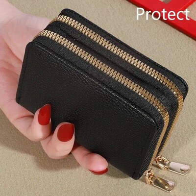 Womens Short Wallet with Transparent Closure. Litchi Patter