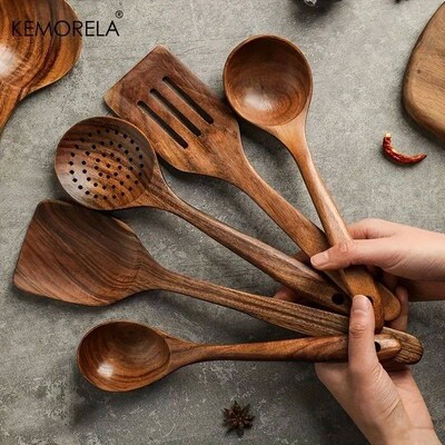 5PCS Thailand Teak Cooking Spoon Natural Wooden Kitchen Tabl