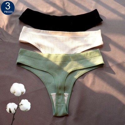 3 Pcs Seamless Ladies Ribbed Cotton Thong Simple Womens Low