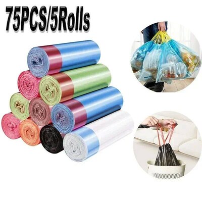 75PCS/5Rolls Drawstring Garbage Bag Disposable Garbage Bag H
