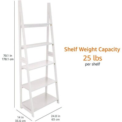 Modern 5-Tier Ladder Bookshelf Organizer, Solid Rubberwood F
