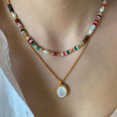 Fashion Colorful Beads Stone Natural Freshwater Pearl Neckla
