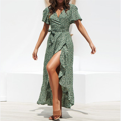 Boho Summer Maxi Dress Women Beach Green Floral Print Long