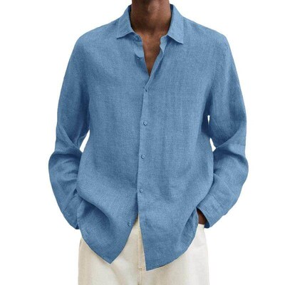 Long sleeved collar cotton linen shirt for men