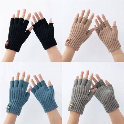 Men Winter Fingerless Gloves Half Finger Writting Office Kni
