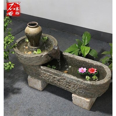 石磨流水石槽鱼缸家用阳台石盆造景古旧石器创意瓦罐喷泉流水景观