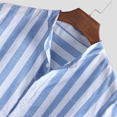 Mens Striped Cotton Linen Shirts Summer Fashion Casual Shirt