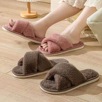 Plush Womens Cotton Slippers Home Indoor Non-slip Wooden Fl