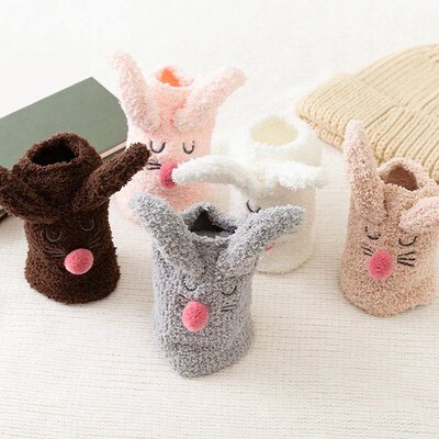 Women Winter Fuzzy Slipper Socks Cartoon 3D Rabbit Ears Warm