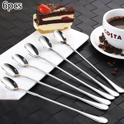 6PCS Stainless Steel Coffee Spoon Long Handle Ice Cream Dess