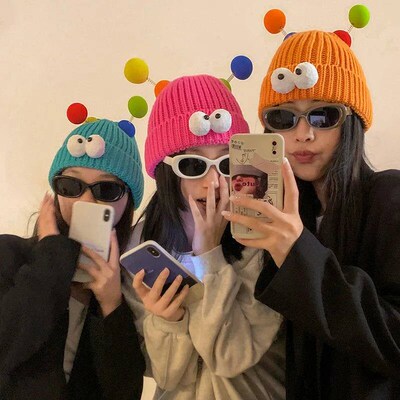 New Cute Cartoon Big Eyes Beanies Caps Women Korean Funny Co