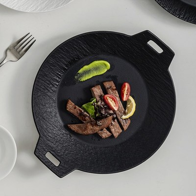 创意陶瓷石纹质感双耳盘子家用西餐甜品菜盘高级酒店沙拉摆盘餐具