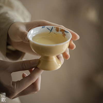 清欢丨杏黄手绘麦穗主人杯 手工薄胎陶瓷家用品茗杯 高足宽口杯