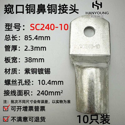 10只紫铜SC240-10/12/14/16窥口铜接线鼻子铜接头铜线耳接线端