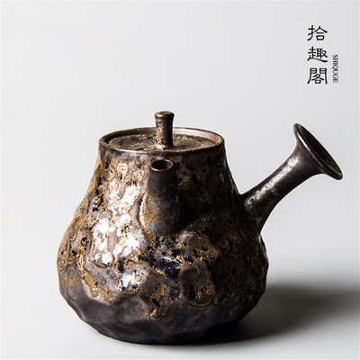手工粗陶复古茶壶鎏金陶瓷壶小号泡茶器功夫茶具单壶锤纹侧把壶