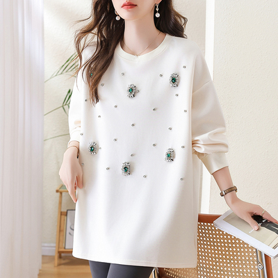 实拍  圆领宽松订钻长袖卫衣2026新款慵懒百搭休闲棉质大码女装