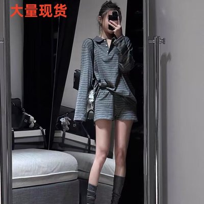 韩系休闲运动条纹T恤套装女夏季时尚洋气减龄polo上衣短裤两件套