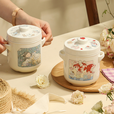 蓝莲花羡鸟文社陶瓷炖盅隔水炖家用可爱瓦罐汤燕窝专用蒸蛋碗炖罐