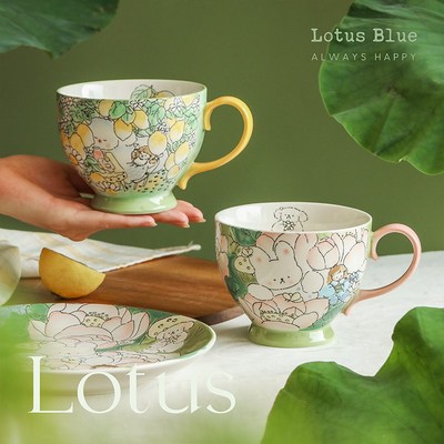 蓝莲花羡鸟文社手绘釉下彩花朵杯早餐杯盘牛奶杯子喝水杯礼盒套装