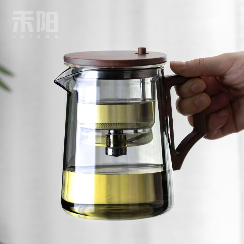 禾阳 飘逸杯泡茶壶加厚全玻璃内胆茶水分离一键过滤胡桃木泡茶杯
