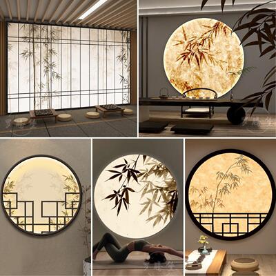 中式竹影杜邦纸灯箱国风茶室圆形发光灯画装饰瑜伽养生馆高级背景
