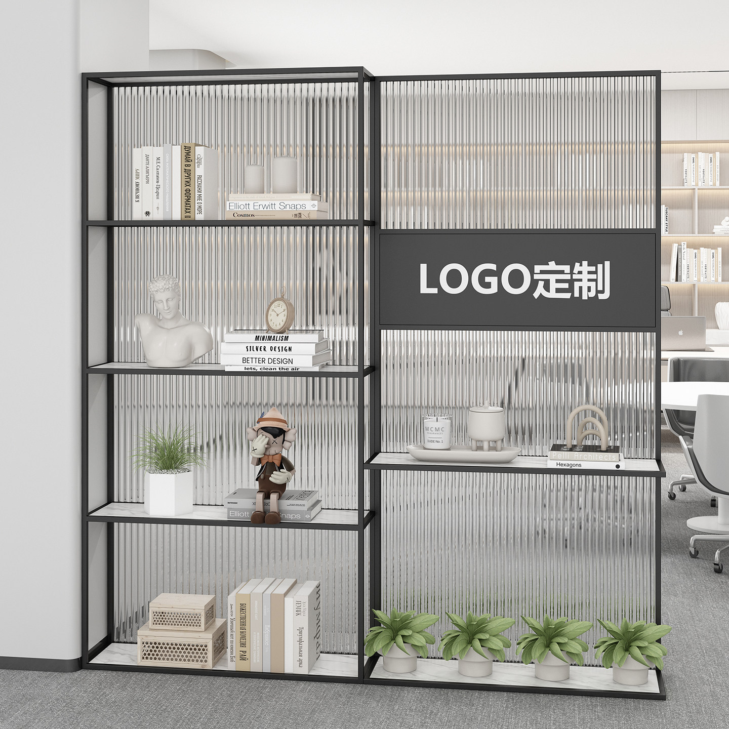 长虹玻璃屏风办公室隔断入户遮挡LOGO形象装饰前台展示铁艺置物架