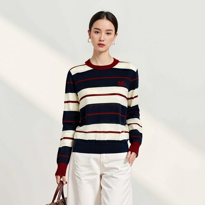 【悟空粉丝专享】女士条纹撞色100%绵羊毛针织打底衫1N5021