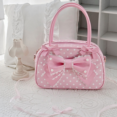 【收藏】绵羊泡芙原创波点波士顿lolita包蝴蝶结手提包可爱斜跨包