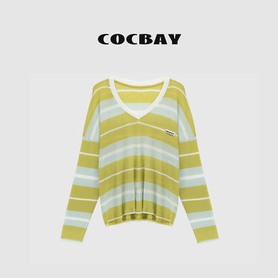 COCBAY-Urban Drift｜慵懒随性复古宽条纹撞色V领T长袖