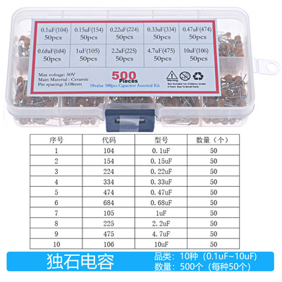 10种500只(0.1uf - 10uf)无极电容陶瓷独石电容套装 104 224 105