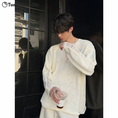 Twentyfour Billy/纯色深V领慵懒套头镂空针织衫漏针设计感毛衣男