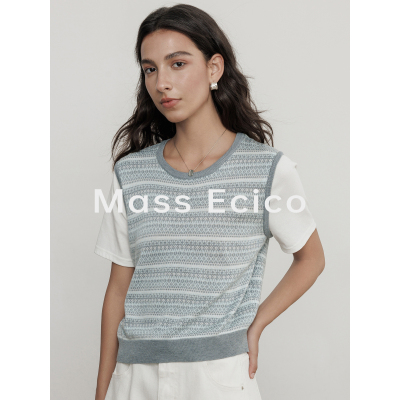 Mass Ecico夏季短袖圆领假两件针织衫T恤女气质老钱风外穿上衣
